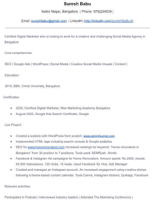 Sample Resume For Digital Marketing Fresher Entry Level Digital 